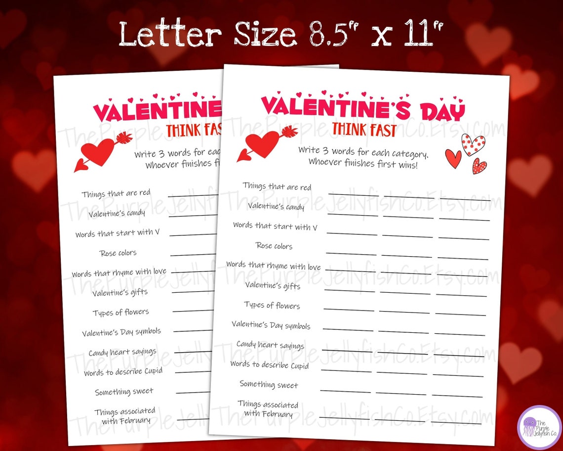 Think Fast Game, Printable Valentines Day Games, Valentines Activity ...