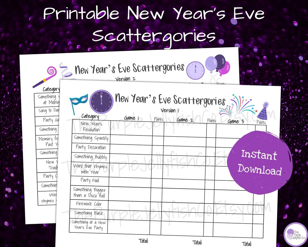 New Year's Eve Scattergories Game, Printable New Years Eve Games for ...