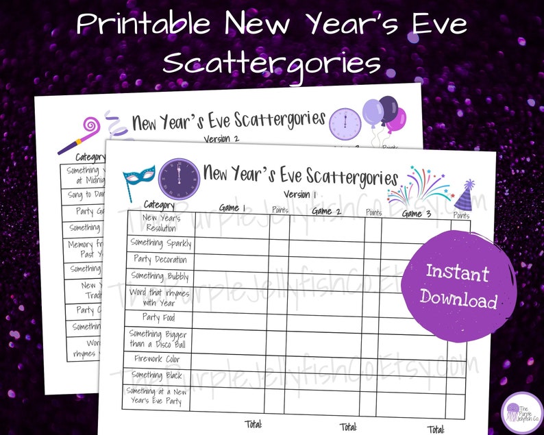 New Year's Eve Scattergories Game, Printable New Years Eve Games for ...