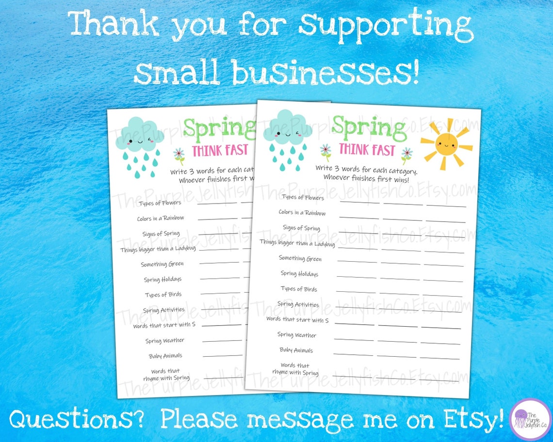Spring Think Fast Game Printable Spring Activity for Kids - Etsy