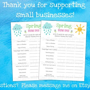 Spring Think Fast Game, Printable Spring Activity for Kids, Easter Game ...