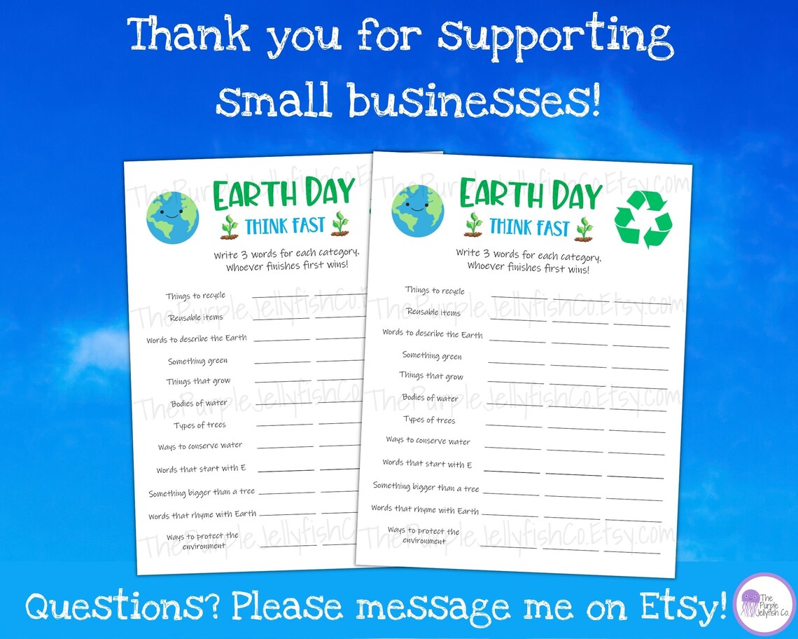 Earth Day Think Fast Game Earth Day Printable for Kids Earth - Etsy