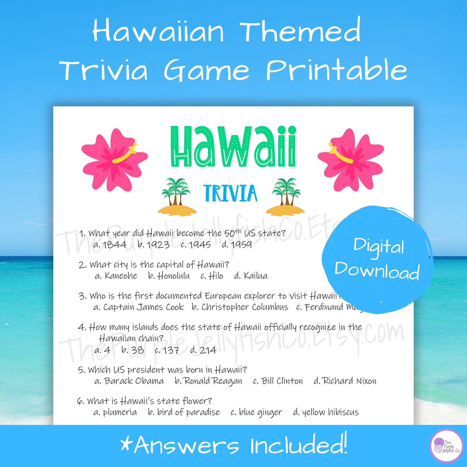 Hawaii Trivia Game Printable Luau Party Idea, Hawaiian Themed Quiz ...