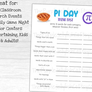 Pi Day Party Game for Kids and Adults, Think Fast Game, Printable Games ...
