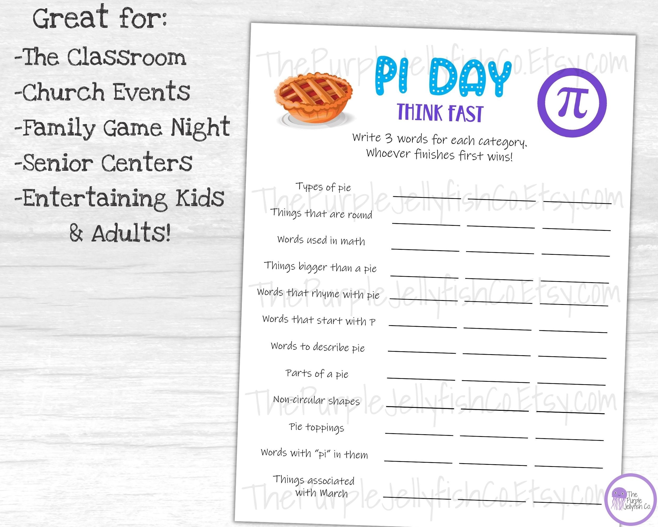 Pi Day Party Game for Kids and Adults, Think Fast Game, Printable Games ...