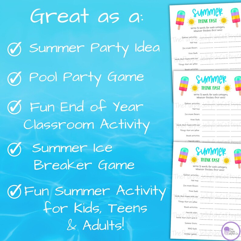 Summer Think Fast Game for Kids Teens Adults, Summer Party Idea, End of ...