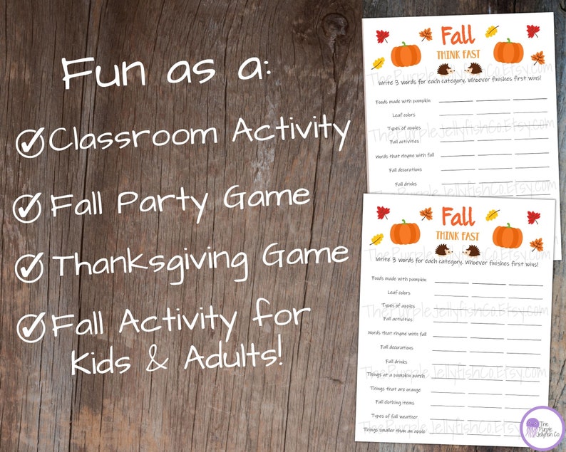 Fall Think Fast Game Printable Fall Activity for Kids & Adults, Autumn ...