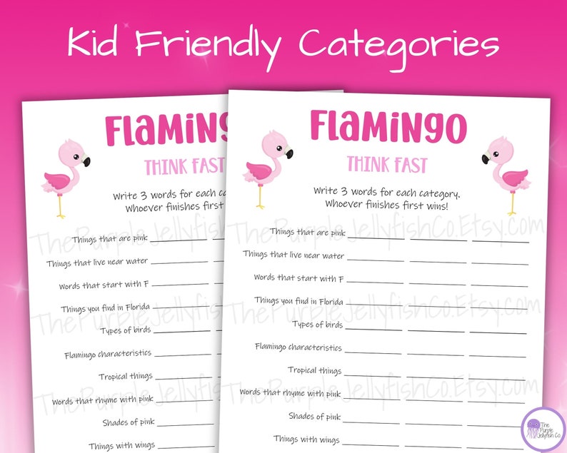 Flamingo Printable Think Fast Game for Kids Flamingo Birthday Party ...