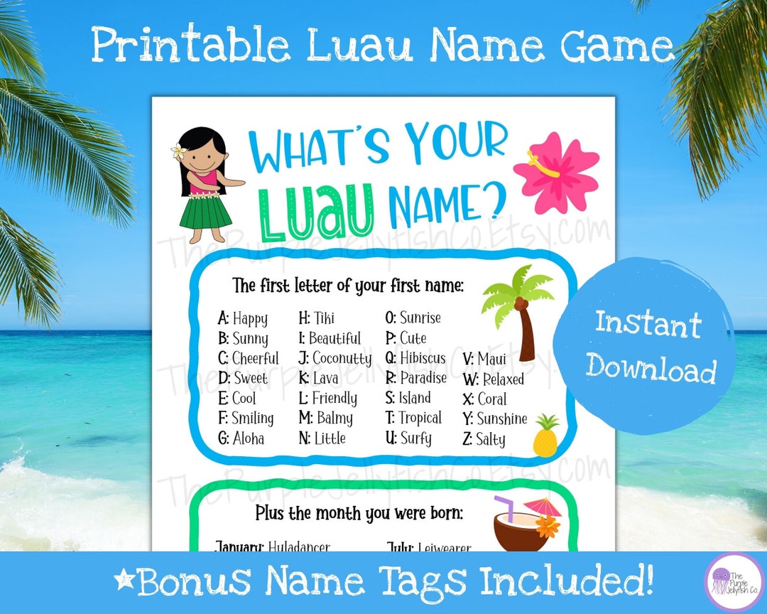 What's Your Luau Name Game + Tags, Hawaiian Party Decoration, Tropical ...