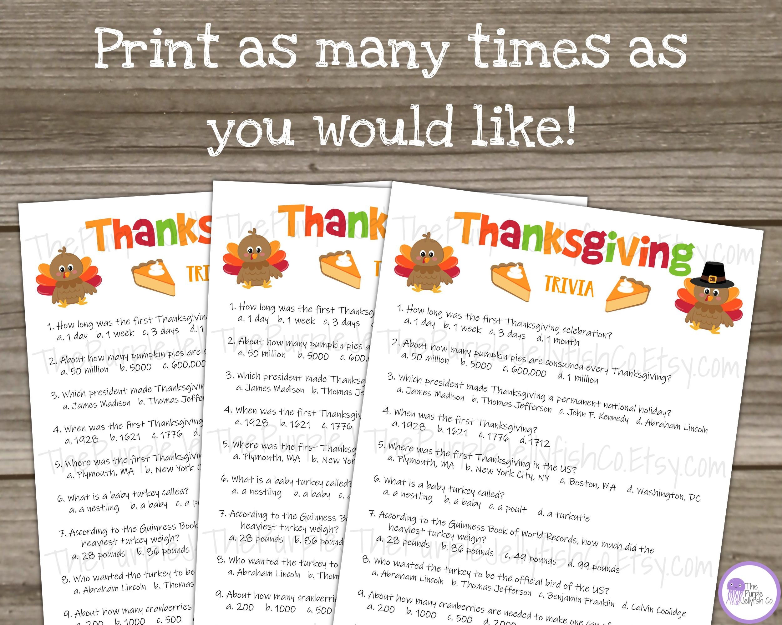 Thanksgiving Trivia Game Printable, Thanksgiving Activity for Kids ...
