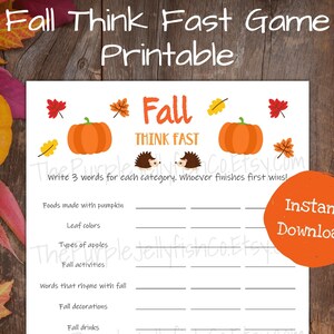 Fall Think Fast Game Printable Fall Activity for Kids & Adults, Autumn ...