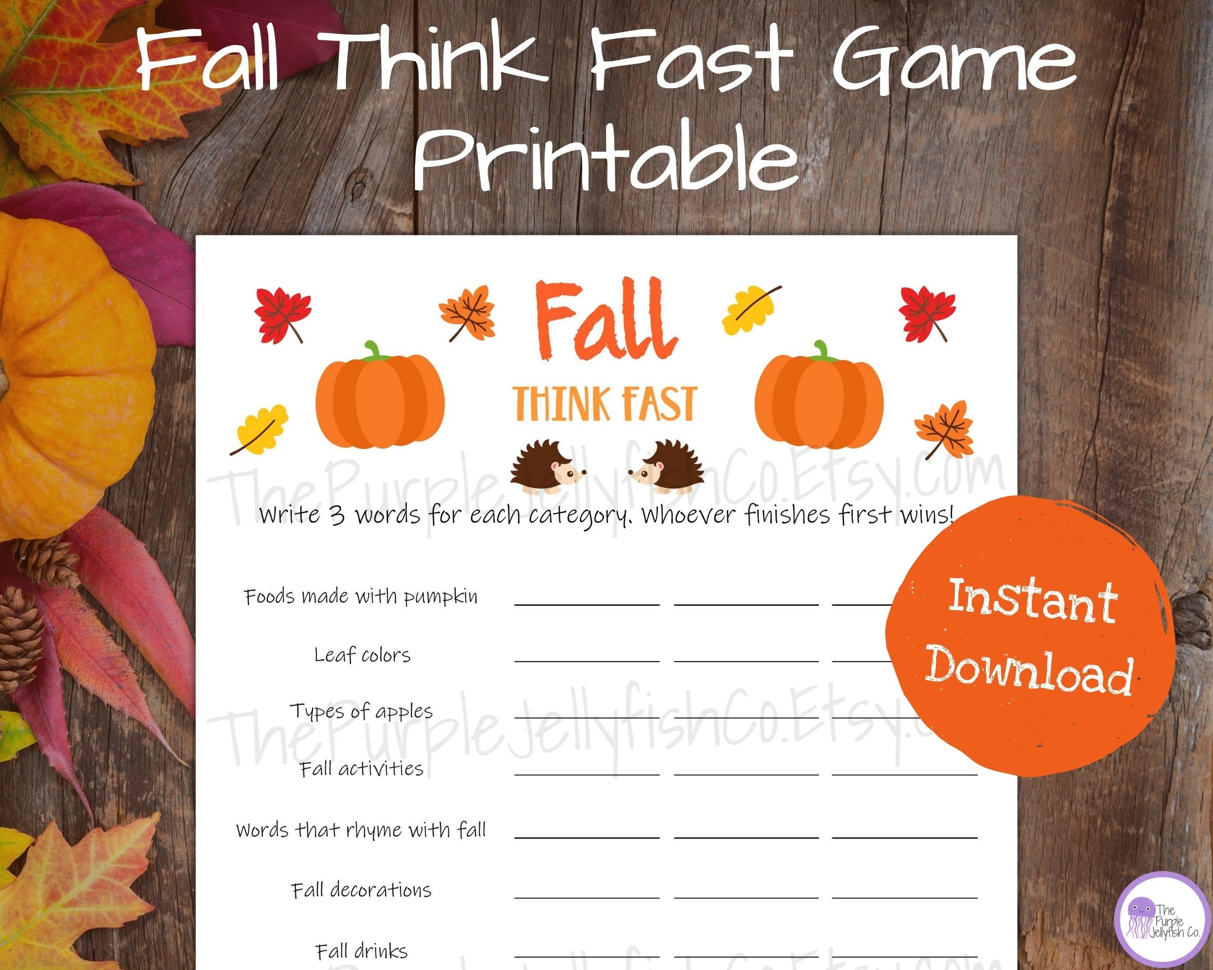 Fall Think Fast Game, Printable Fall Game for Kids, Autumn Activity ...
