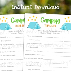 Camping Think Fast Game, Camping Party Game Printable Camping Themed ...