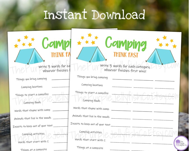 Camping Think Fast Game Fun Camping Game Printable Camping - Etsy
