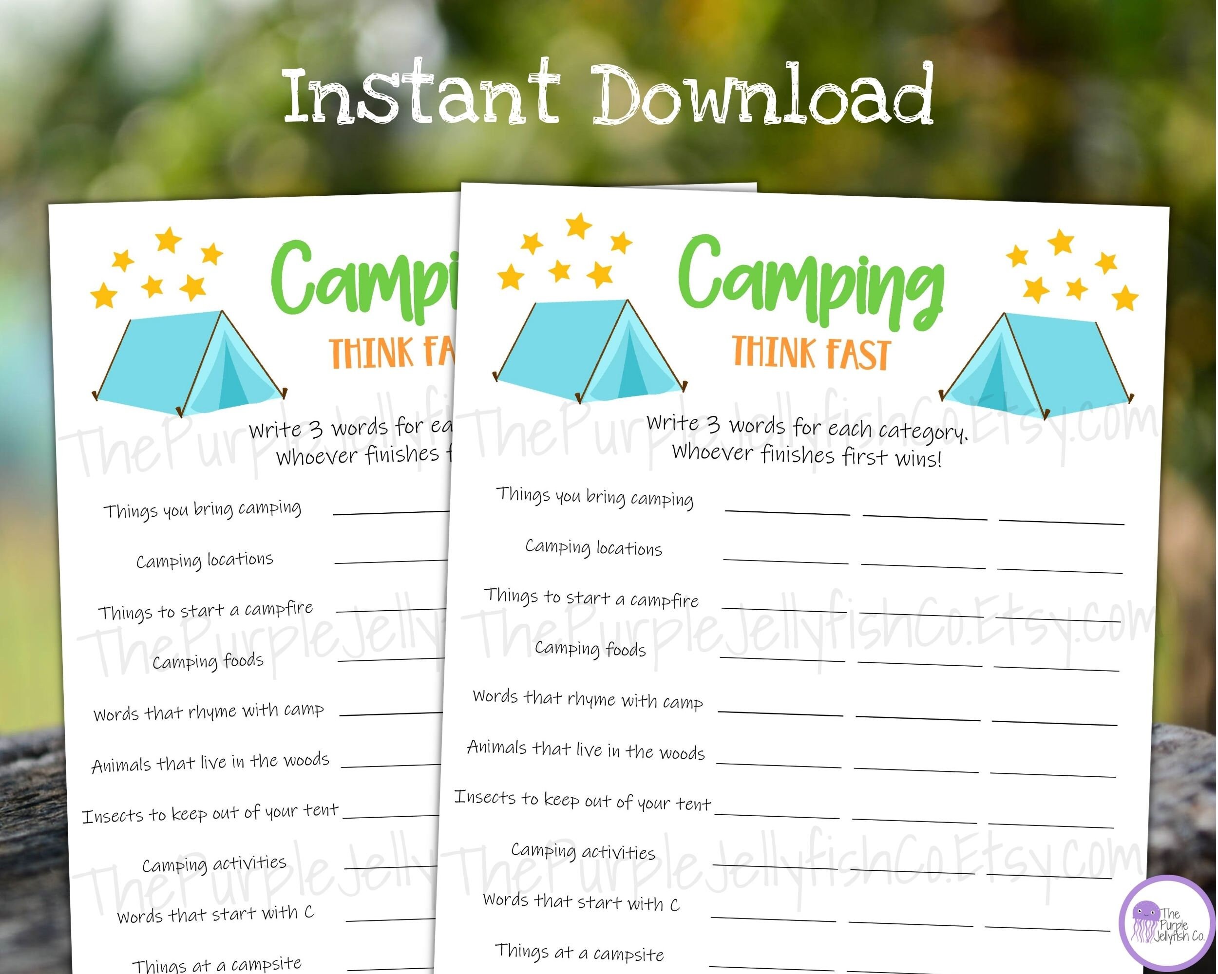 Camping Think Fast Game, Camping Party Game Printable Camping Themed ...