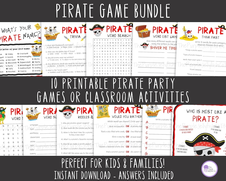 Pirate Games for Kids & Adults, Pirate Birthday Party Printable Bundle ...