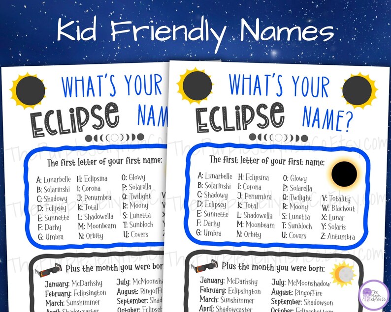 Whats Your Eclipse Name Game + Name Tags, Printable Eclipse Activity ...