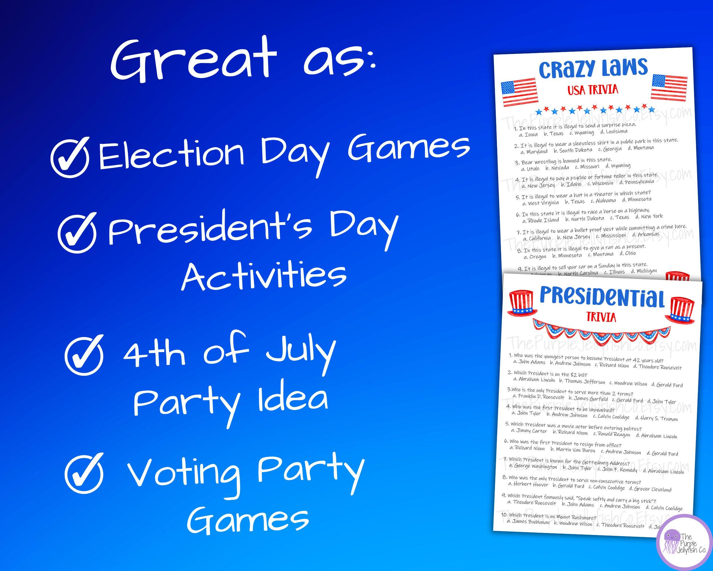 Patriotic Trivia Games for Kids & Adults, President's Day Activities ...