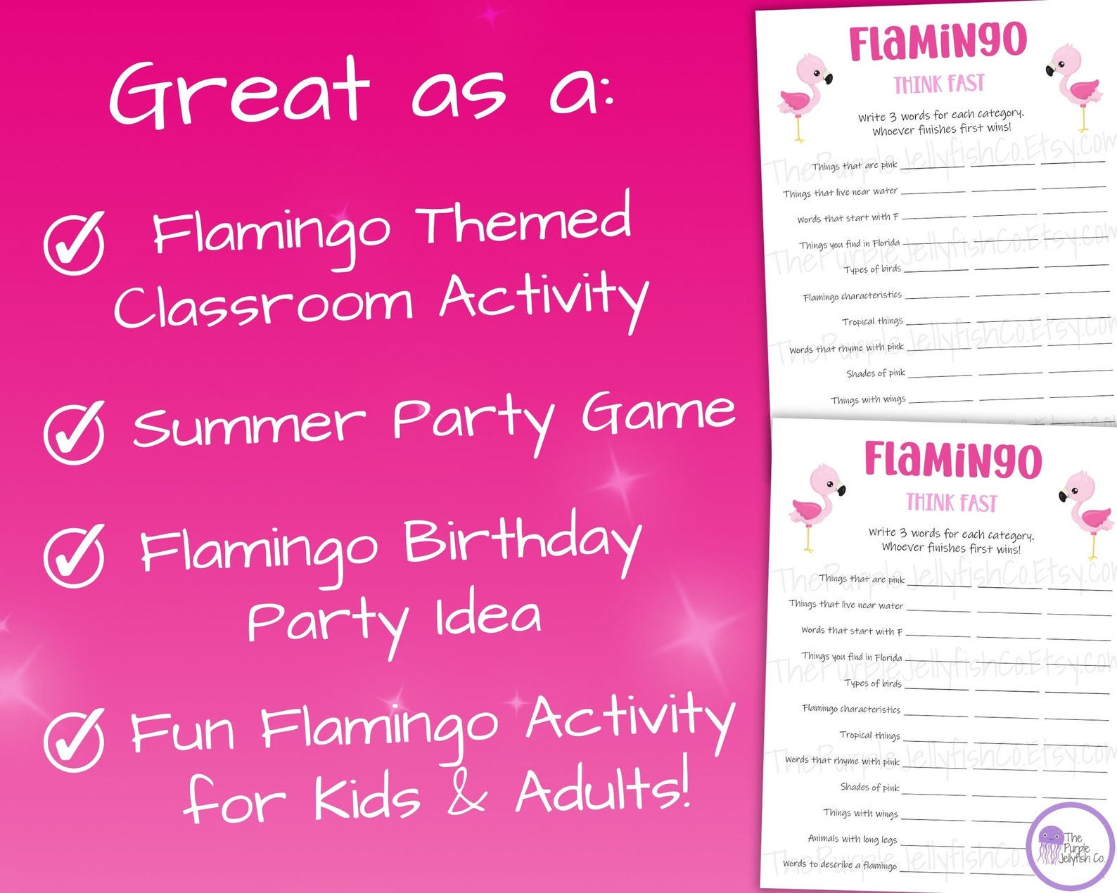 Flamingo Printable Think Fast Game for Kids Flamingo Birthday Party ...