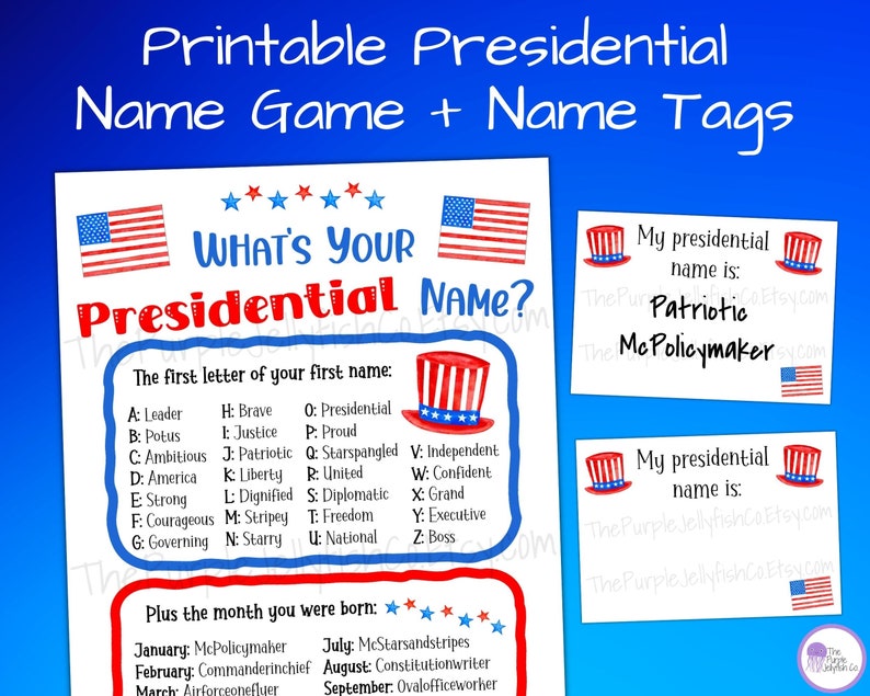 What's Your Presidential Name Game, 4th of July Party Game Printable ...