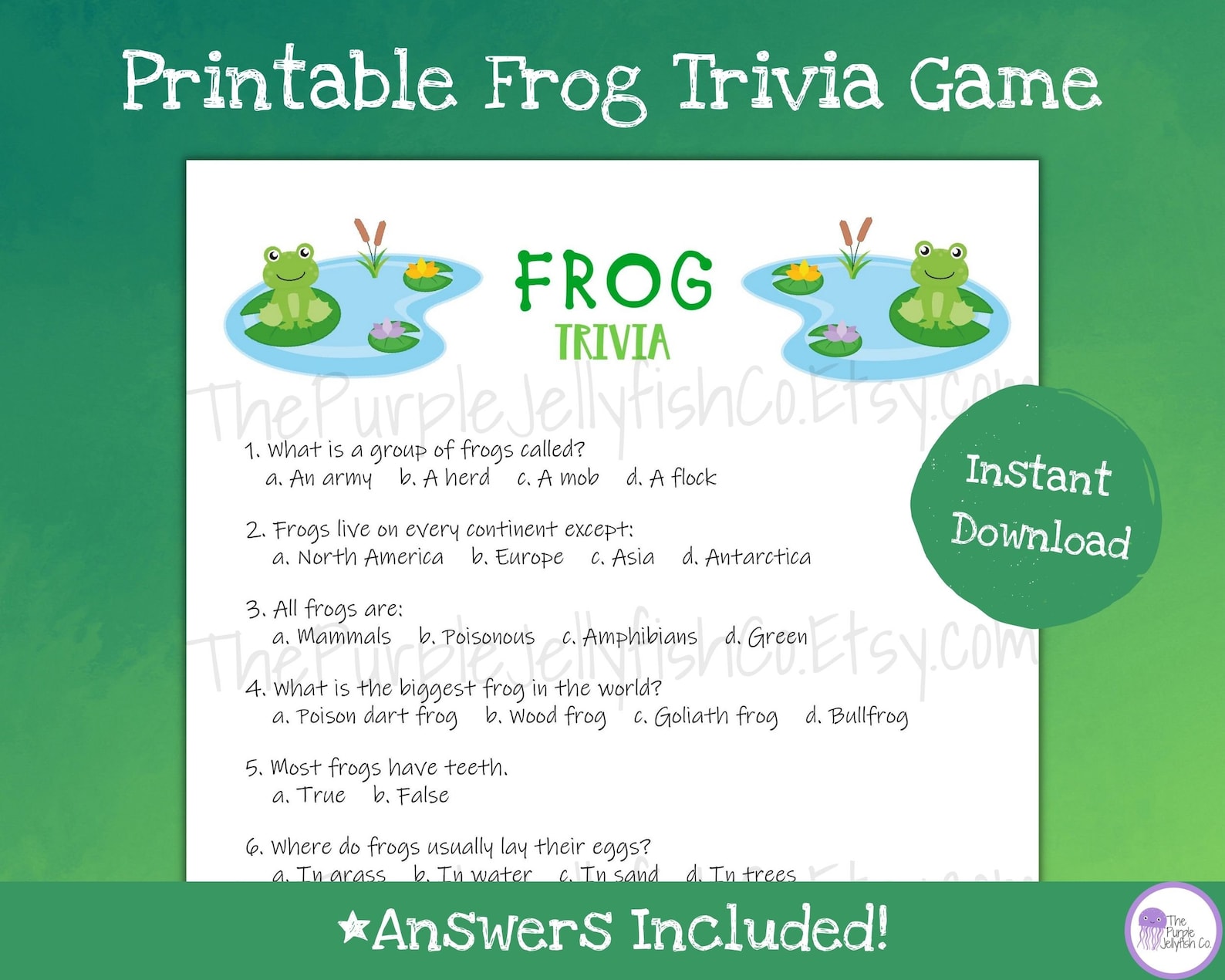 Frog Trivia Game Printable, Frog Game, Trivia for Kids, Frog Theme ...