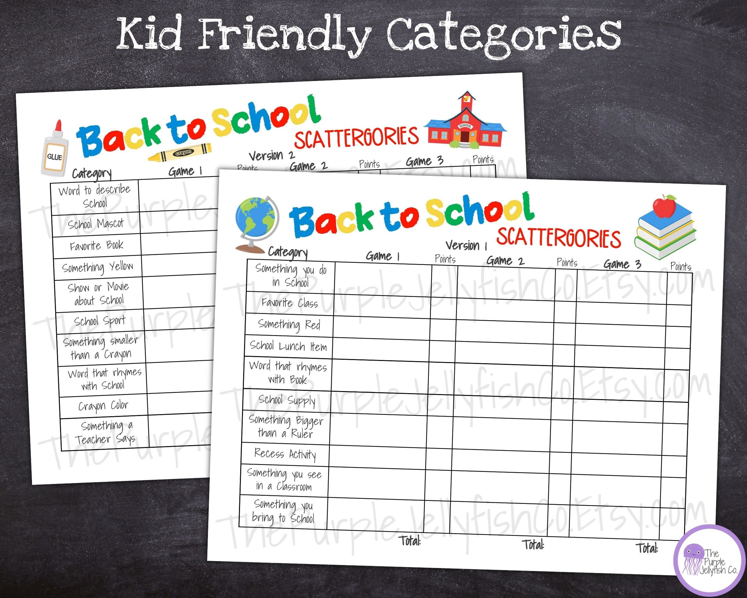 Back to School Scattergories Game Printable Kids First Day of School ...