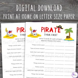 Pirate Think Fast Game, Pirate Party Game Printable, Talk Like a Pirate ...