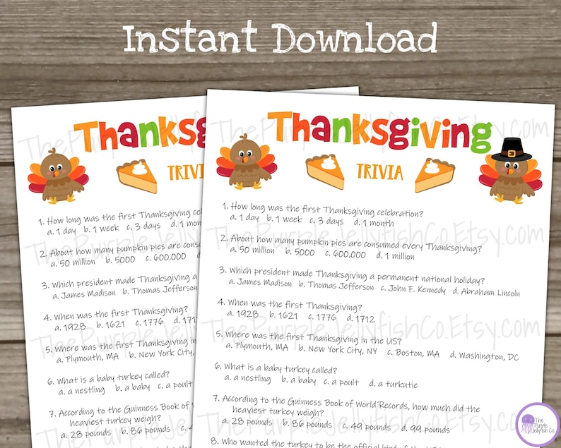 Thanksgiving Trivia Game Printable, Thanksgiving Activity for Kids ...