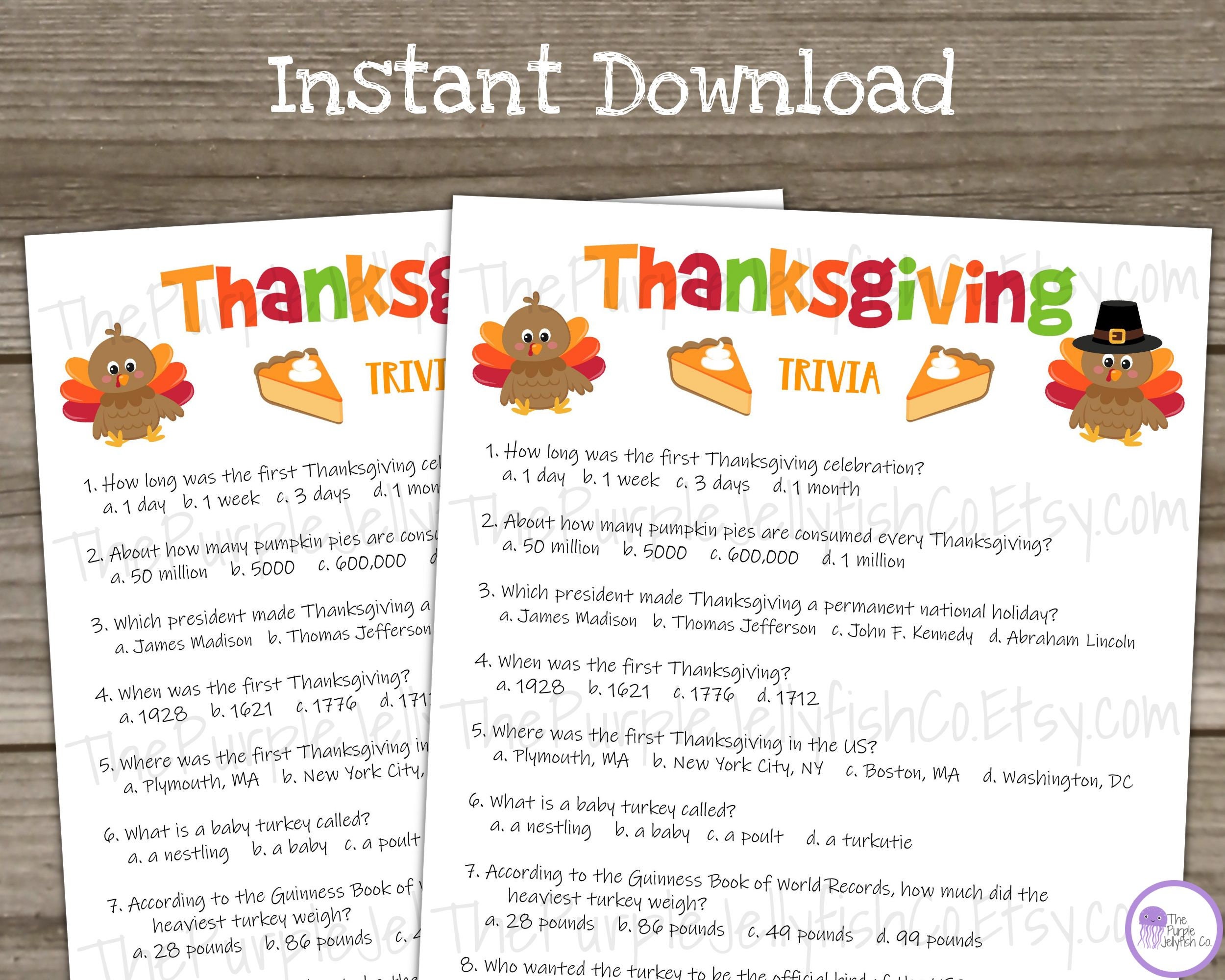 Thanksgiving Trivia Game Printable, Thanksgiving Activity for Kids ...
