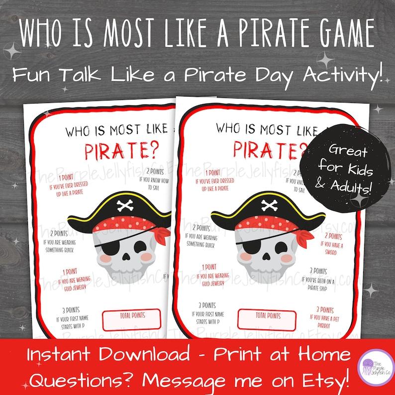 Who is Most Like a Pirate Game, Talk Like a Pirate Day Activity for ...