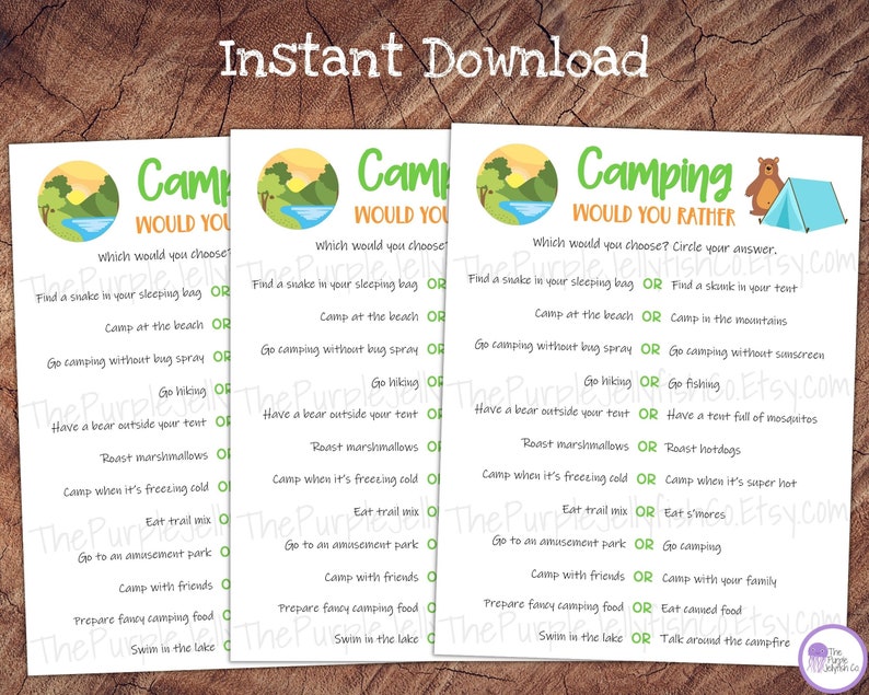 Camping Would You Rather, Camping Game Printable, Camping This or That ...