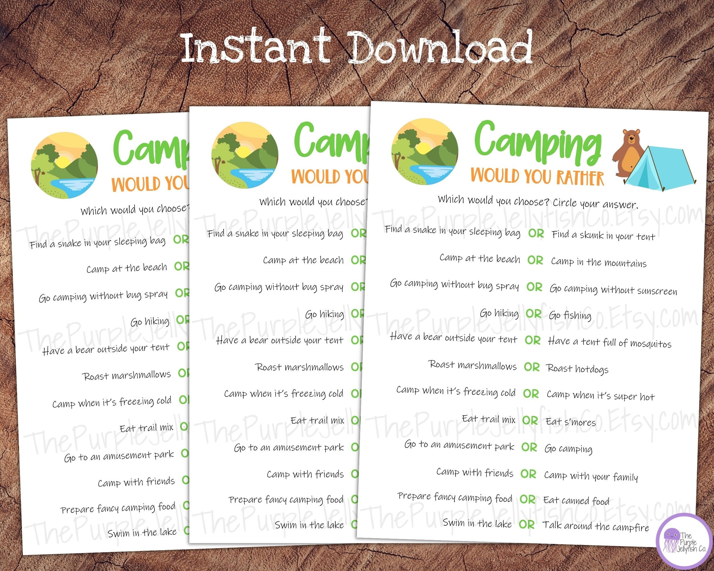 Camping Would You Rather, Camping Game Printable, Camping This or That ...