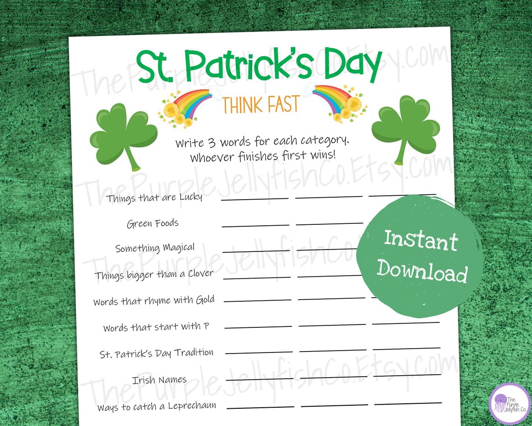 St Patricks Day Think Fast Game for Kids, St Patricks Party Idea, Saint ...