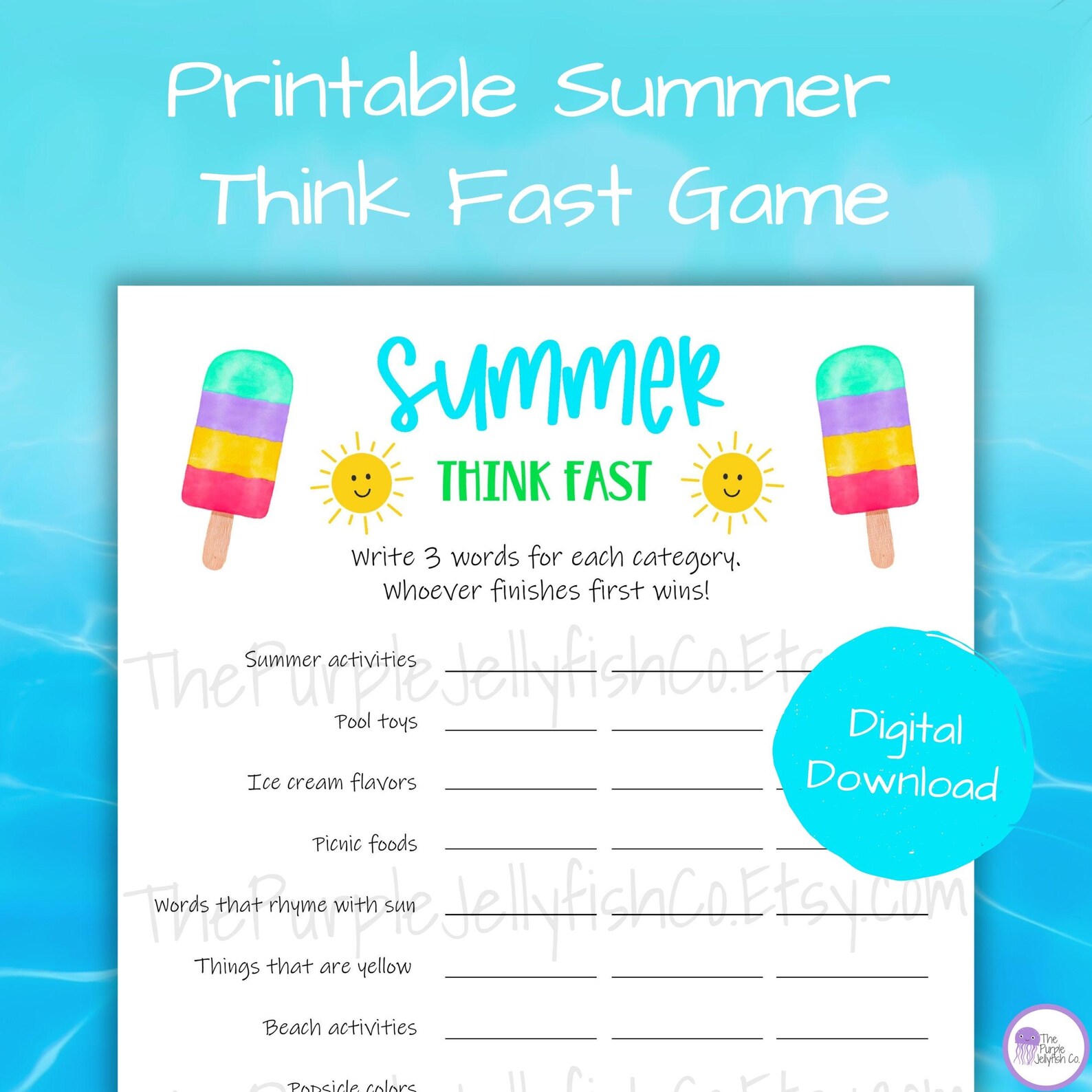 Summer Think Fast Game for Kids Teens Adults, Summer Party Idea, End of ...