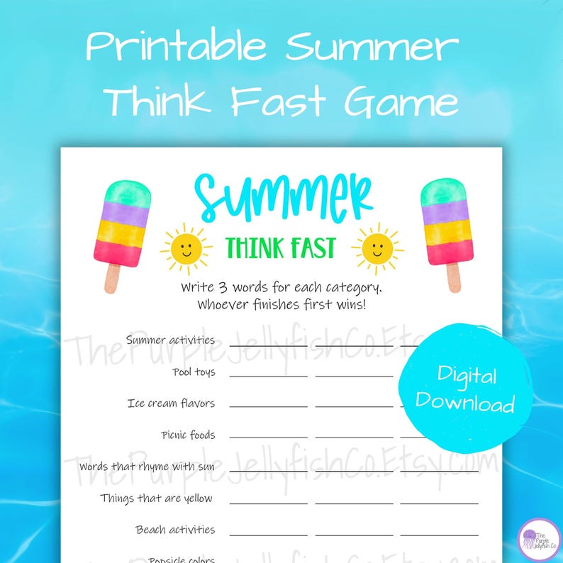 Summer Think Fast Game for Kids Teens Adults, Summer Party Idea, End of ...