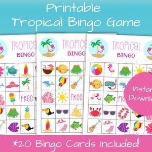 Bingo Cards Printable Tropical Theme, Bingo Game for Kids, Summer Luau ...