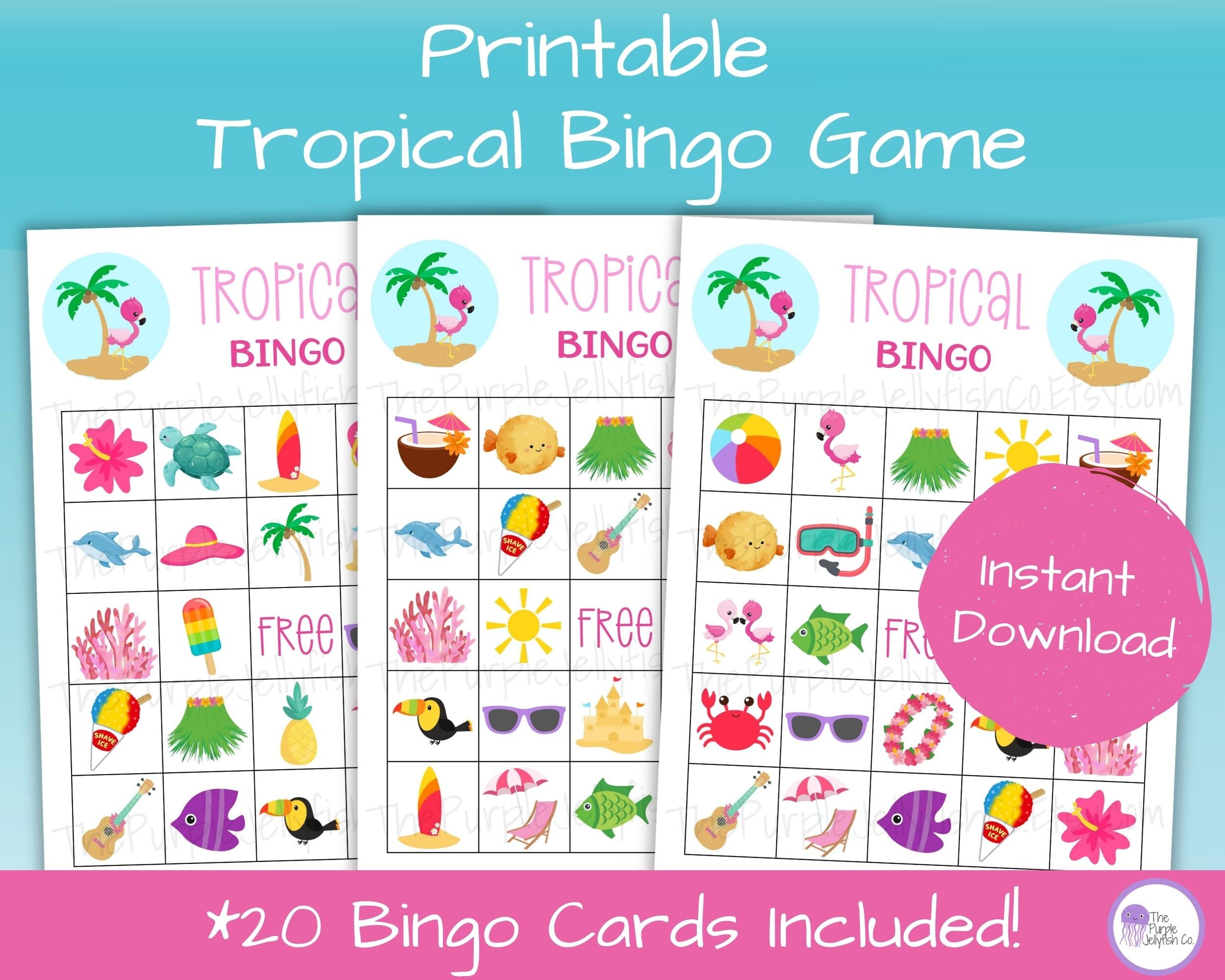 Bingo Cards Printable Tropical Theme, Bingo Game for Kids, Summer Luau ...