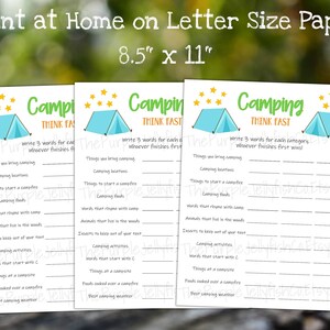 Camping Think Fast Game, Camping Party Game Printable Camping Themed ...