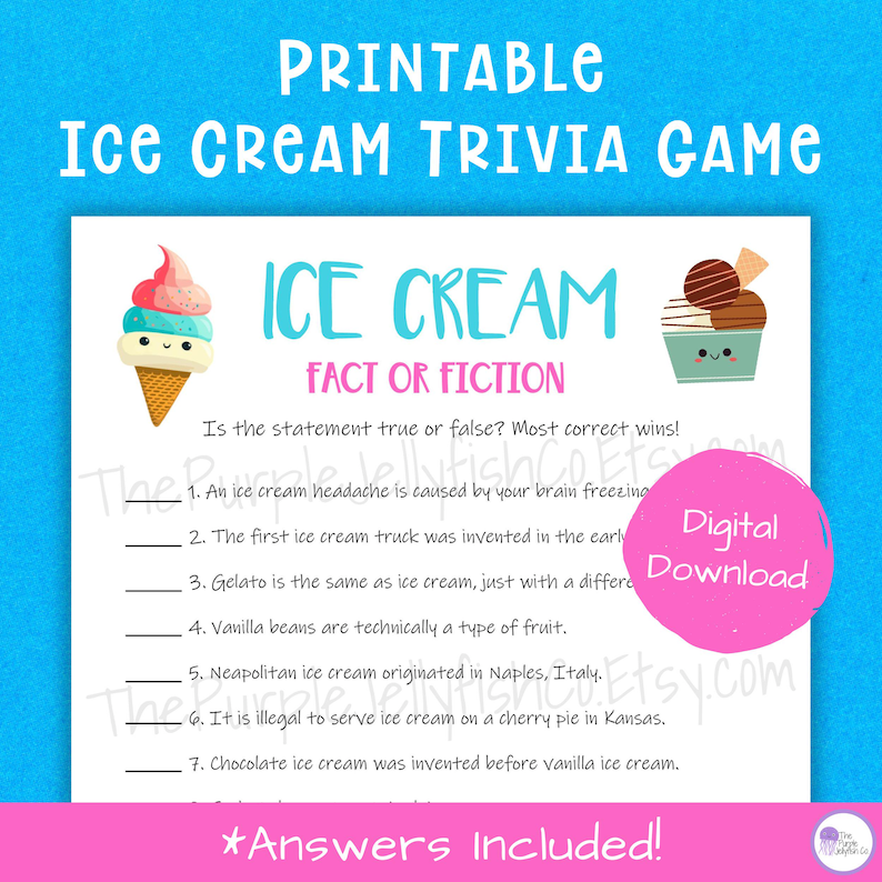 Ice Cream Trivia Game Printable Fact or Fiction Party Game for Kids ...