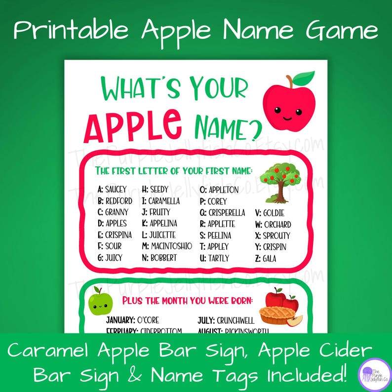 What's Your Apple Name Game Printable, Apple Party Decor, Apple Cider ...