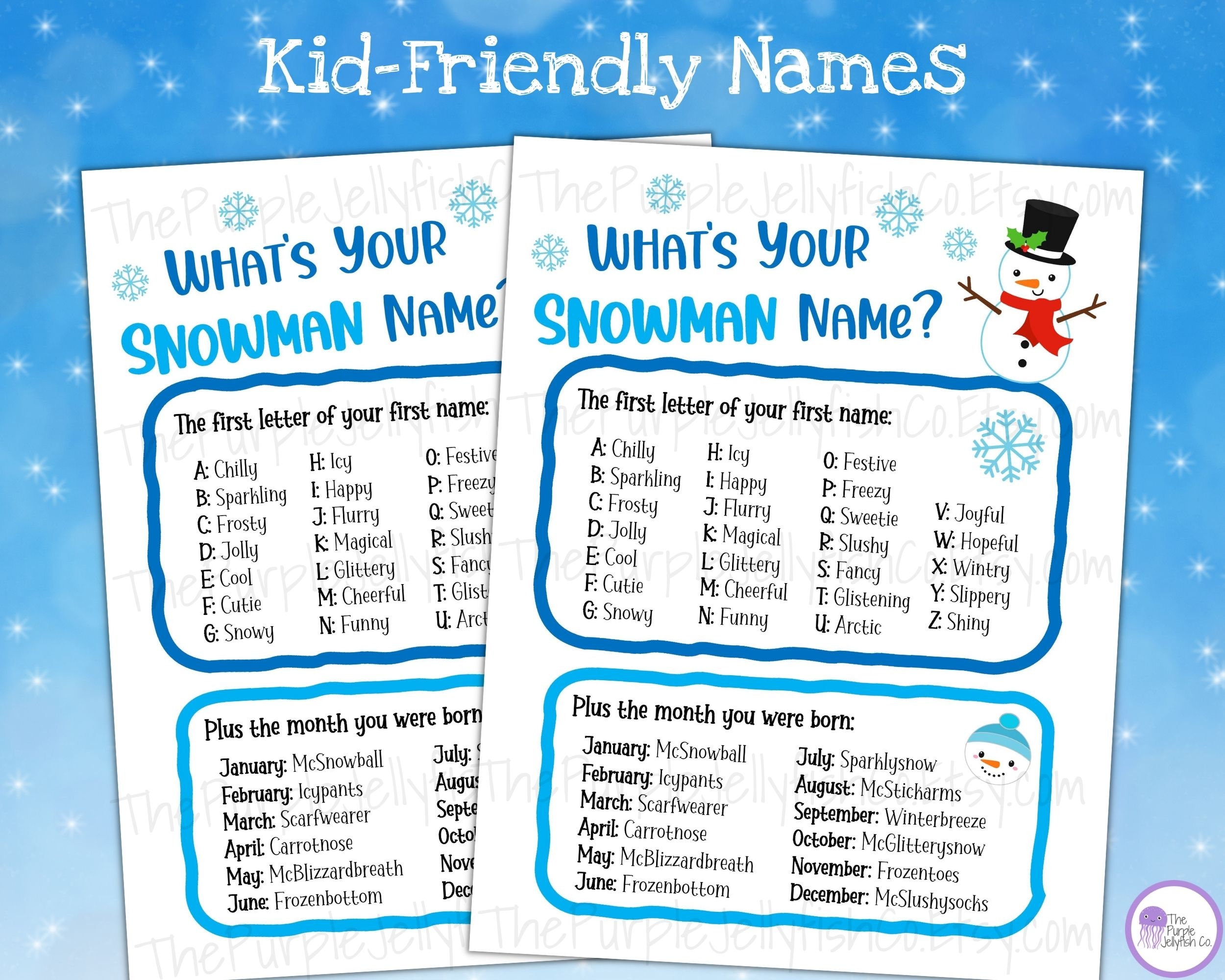 What's Your Snowman Name Game, Printable Winter Game for Kids, Snowman ...