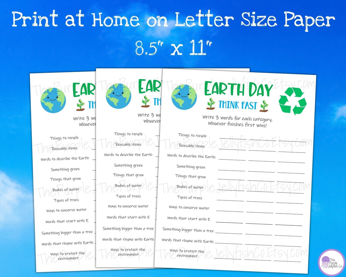 Earth Day Think Fast Game, Earth Day Printable for Kids, Earth Day ...