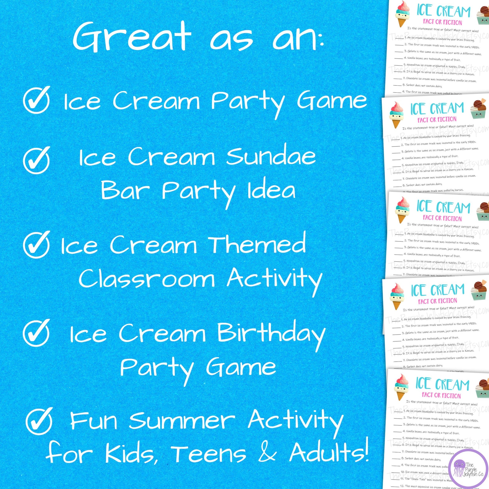 Ice Cream Trivia Game Printable Fact or Fiction Party Game for Kids ...