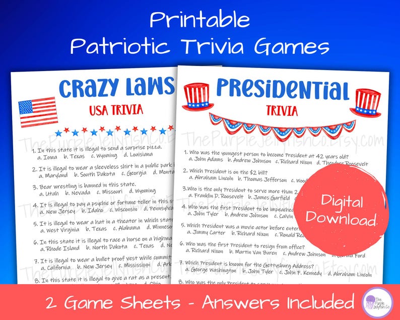 Patriotic Trivia Games for Kids & Adults, President's Day Activities ...
