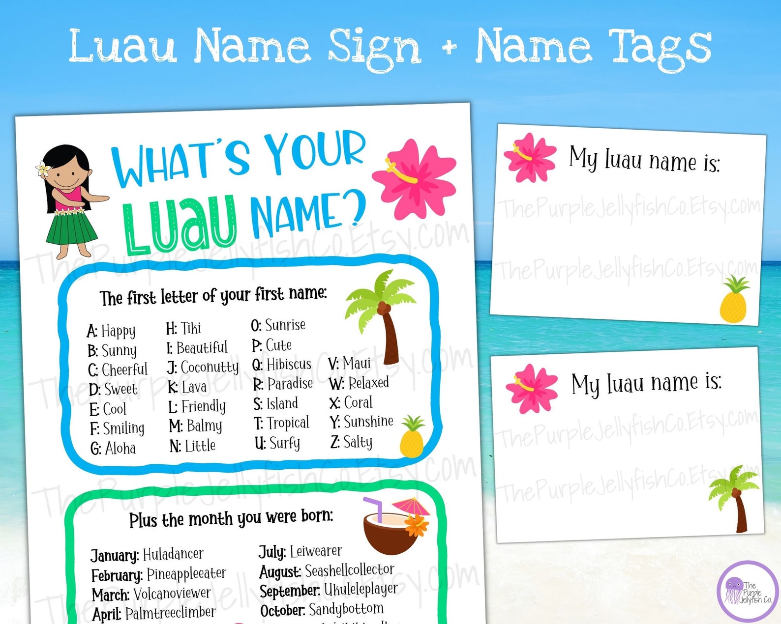 What's Your Luau Name Game + Tags, Hawaiian Party Decoration, Tropical ...