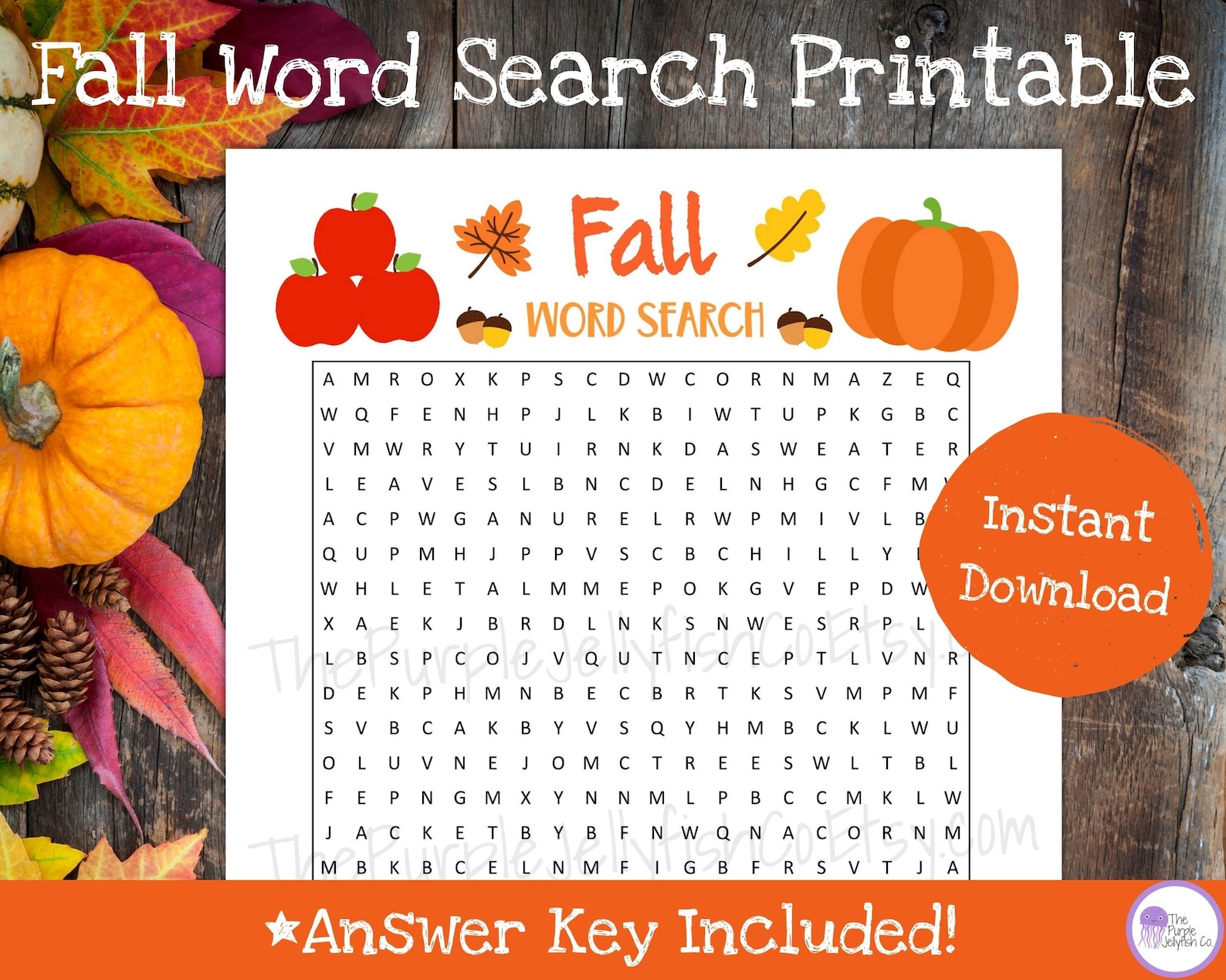 Fall Word Search Puzzle Printable for Kids & Adults, Autumn Theme Word ...