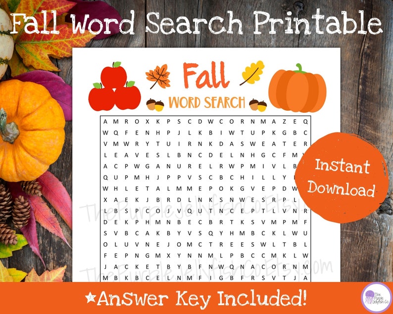 Fall Word Search Puzzle Printable for Kids & Adults, Autumn Theme Word ...