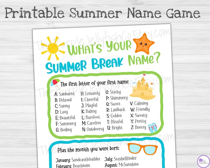 What's Your Summer Break Name Game, Summer Party Decoration, Last Day ...