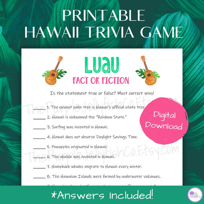 Luau Fact or Fiction Hawaii Trivia Game Printable, Hawaiian Party Idea ...
