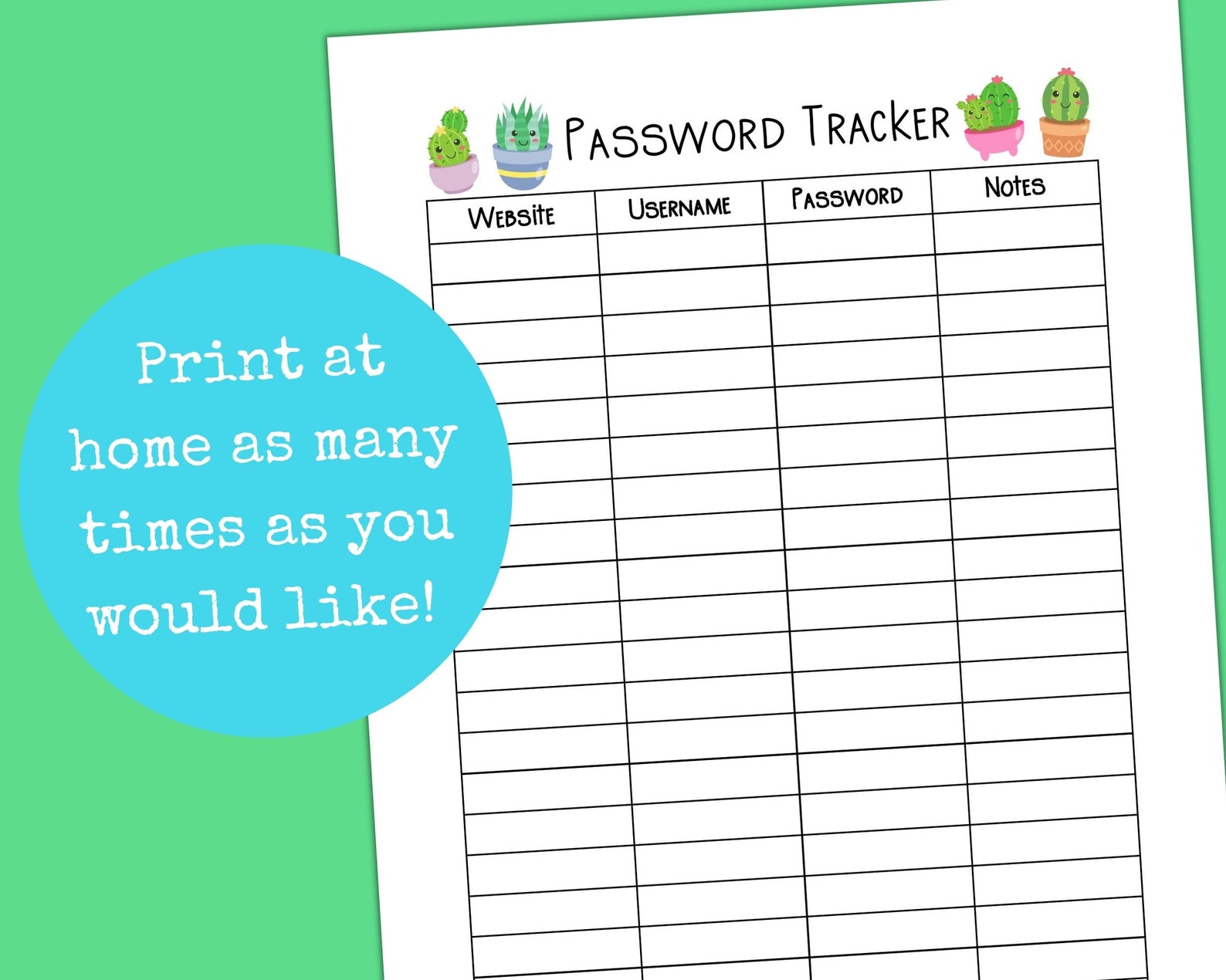 Printable Cactus Password Tracker Instant Download Password Organizer Password Keeper Insert